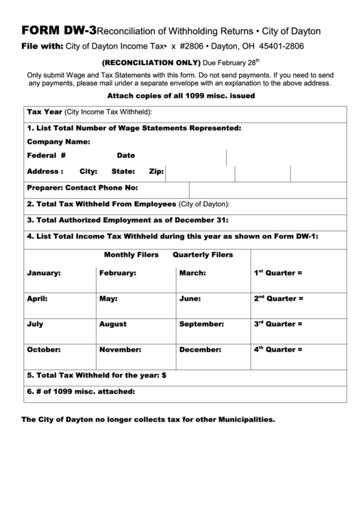 Form Dw-3 - Reconciliation Of Withholding Returns - City Of Dayton ...
