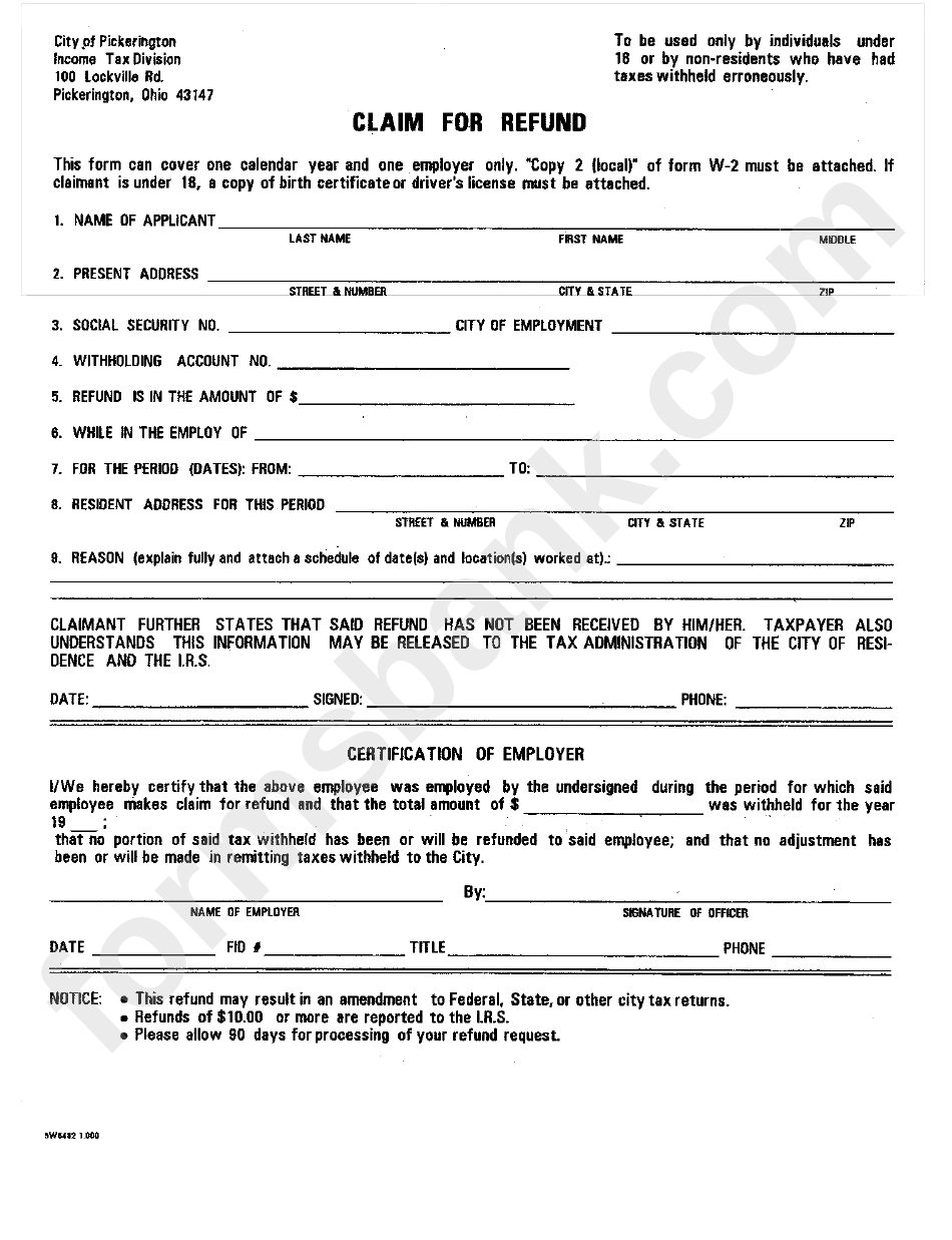 Claim For Refund Form - Ohio Income Tax Division printable pdf download