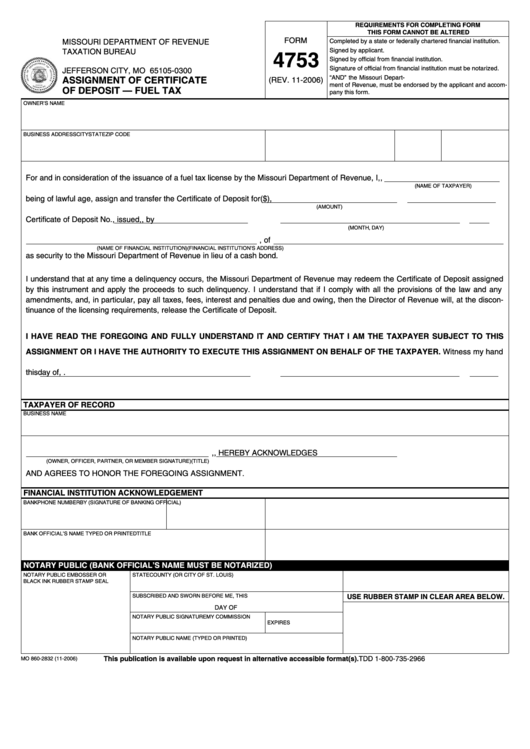 Fillable Form 4753 - Assignment Of Certificate Of Deposit - Fuel Tax ...