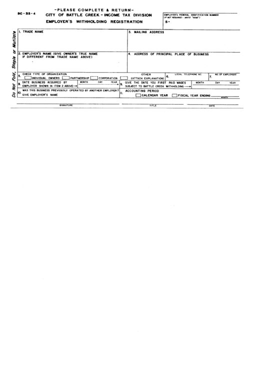 Form Bc-Ss-4 - Employer'S Withholding Registration printable pdf download