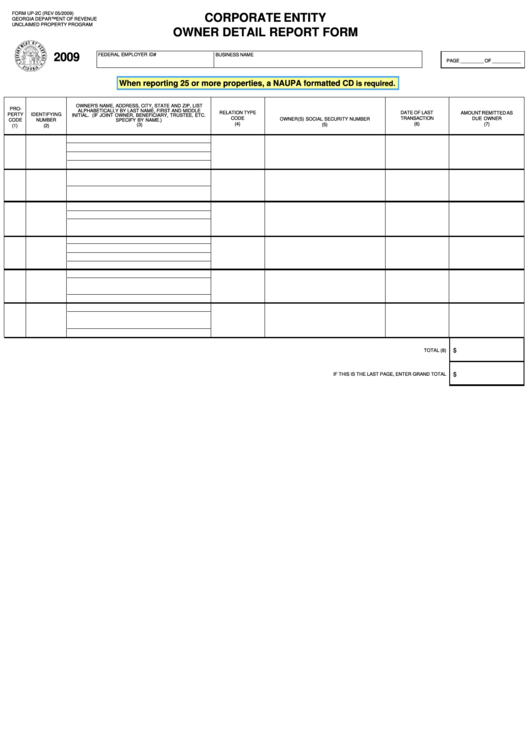 Fillable Form Up-2c - Corporate Entity Owner Detail Report Form - 2009 ...