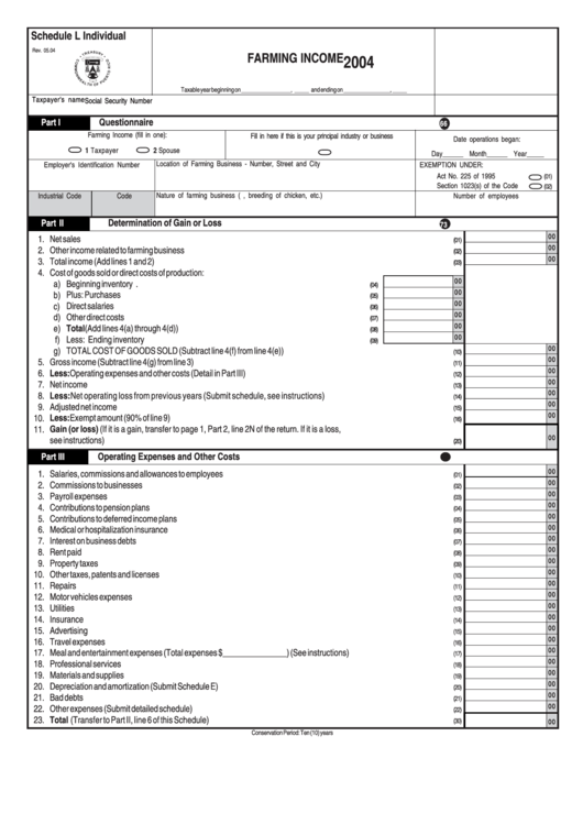 Schedule L Individual - Farming Income - 2004 printable pdf download