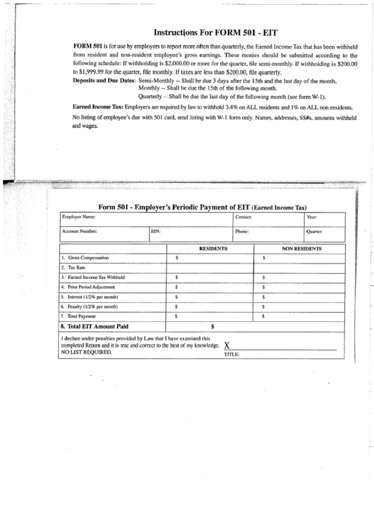 Form 501 - Employer'S Periodic Payment Of Eit (Earned Income Tax ...