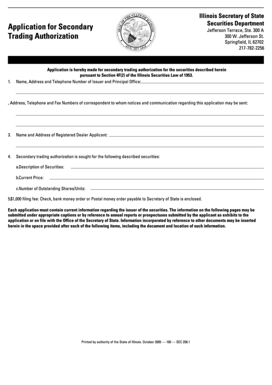 Application For Secondary Trading Authorization printable pdf download