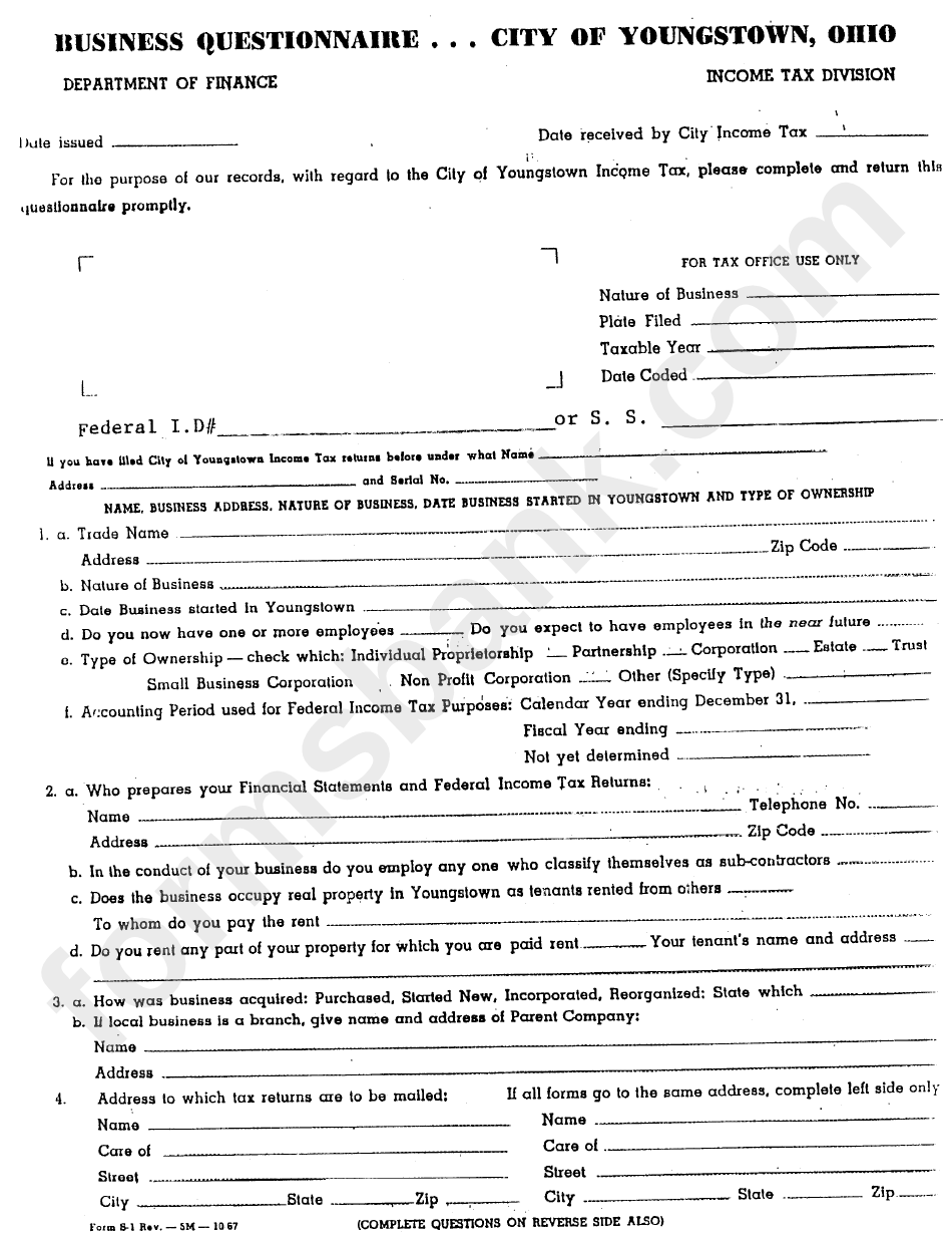 Business Questionnaire - City Of Youngstown printable pdf download