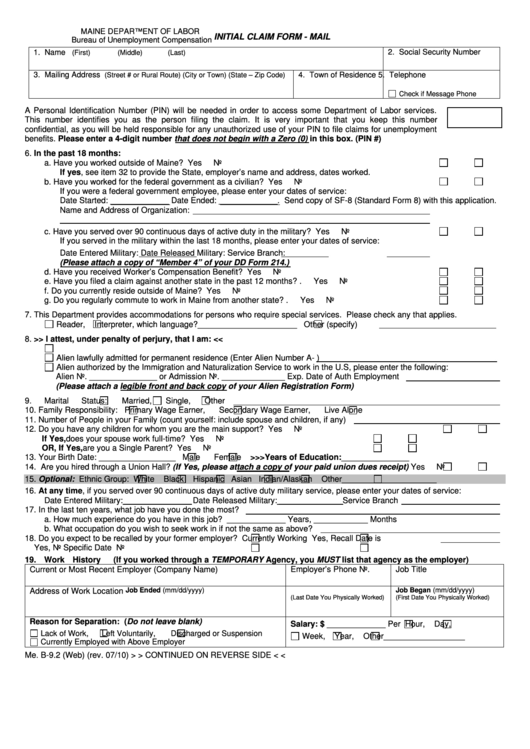 Initial Claim Form - Mail - Maine Department Of Labor printable pdf ...