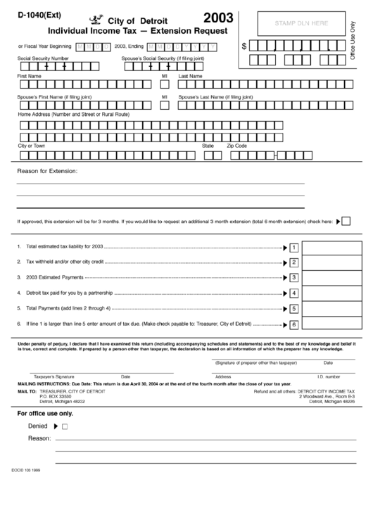 Form D-1040 - Individual Income Tax - Extension Request 2003 printable ...