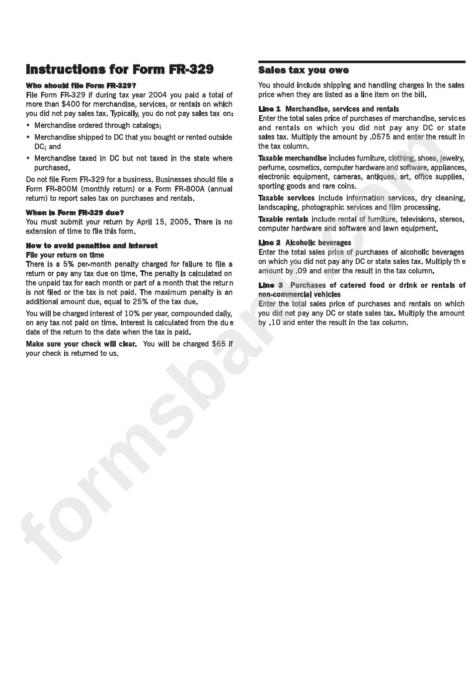 Instructions For Form Fr-329 - 2004 printable pdf download