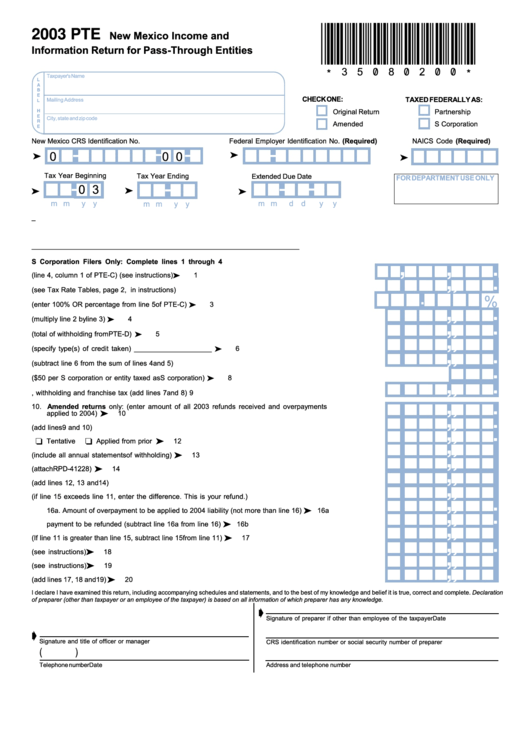 Form Pte - New Mexico Income And Information Return For Pass-Through ...