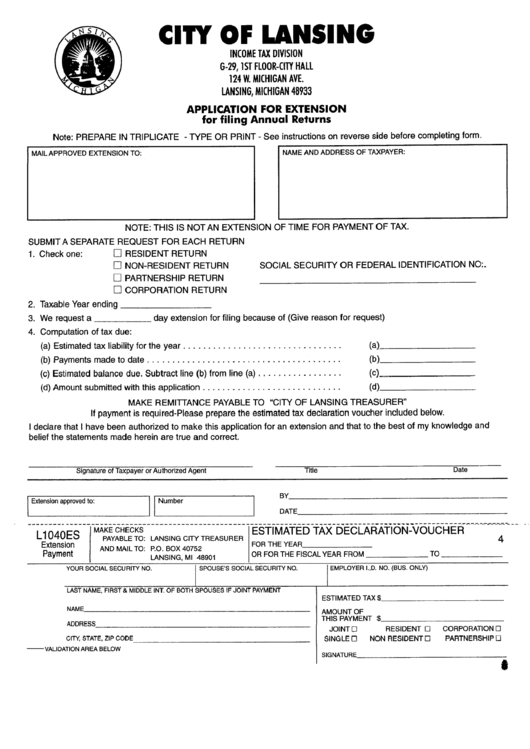 Application For Extension For Filing Annual Returns - City Of Lansing ...