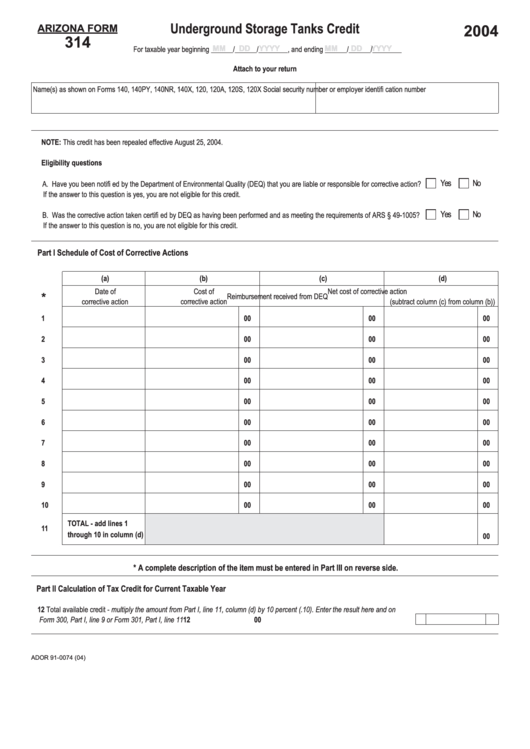 Arizona Form 314 - Underground Storage Tanks Credit - 2004 printable ...