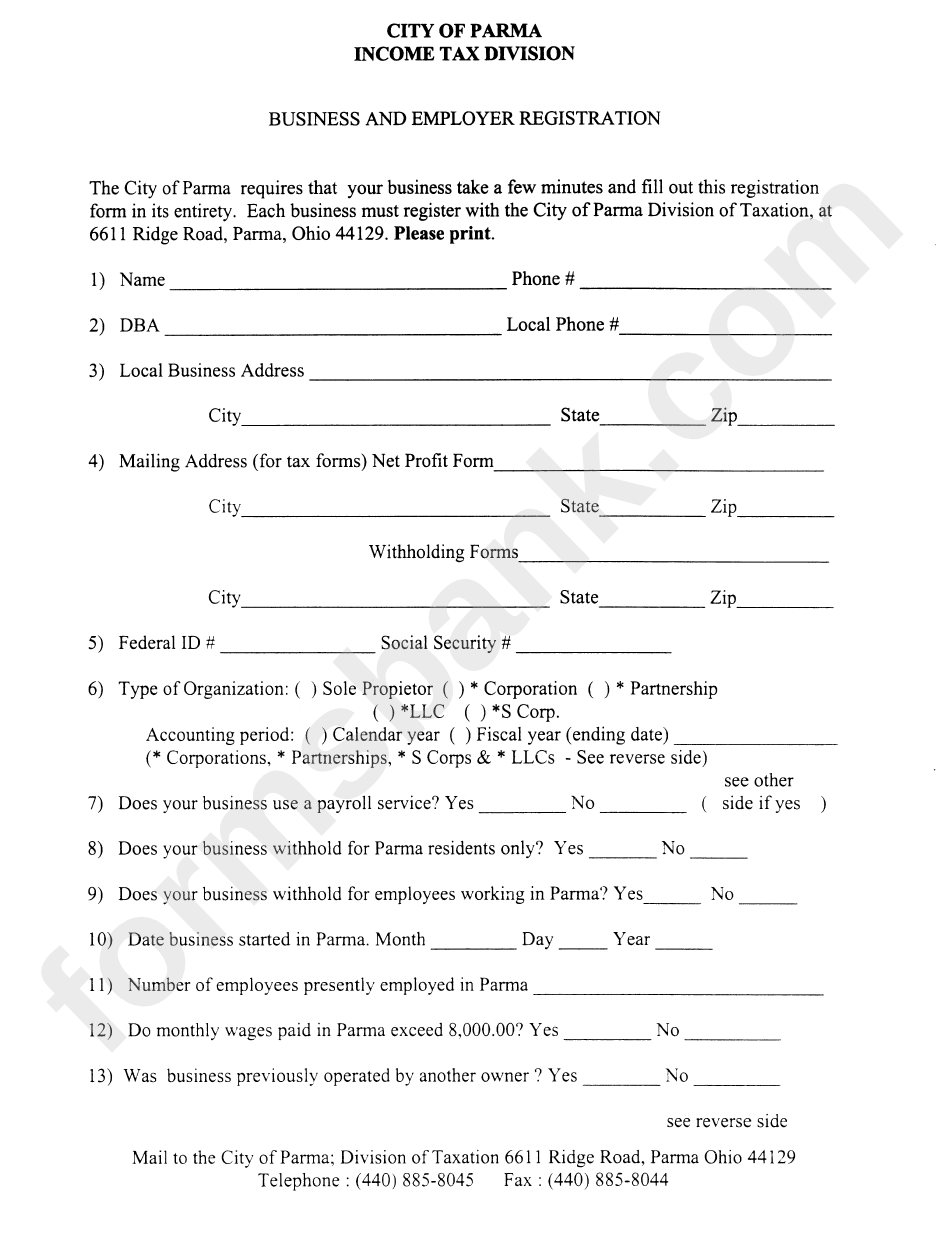Business And Employer Registration - City Of Parma printable pdf download