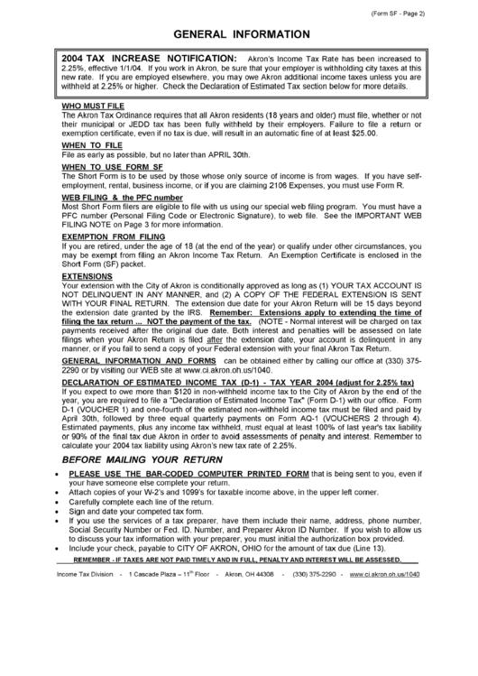 Form Sf - Exemption Certificate 2003 - Akron, Ohio Income Tax Division ...