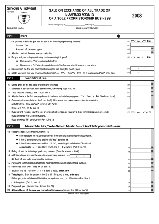 Schedule G Individual - Sale Or Exchange Of All Trade Or Business ...