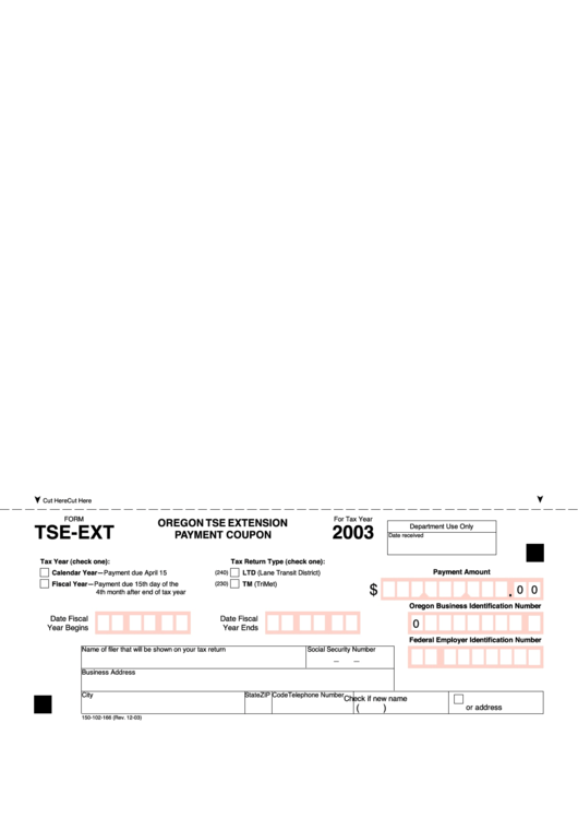 Form Tse-Ext - Oregon Tse Extension Payment Coupon - 2003 printable pdf ...