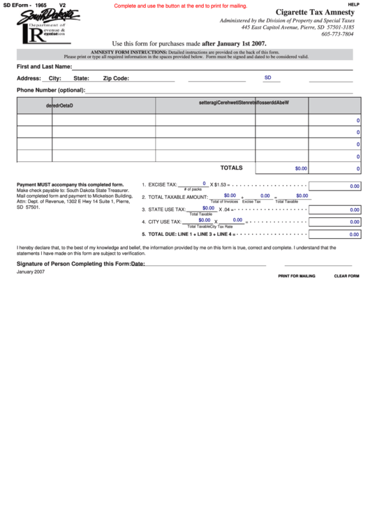 Fillable Sd Eform - 1965 - Cigarette Tax Amnesty January 2007 printable ...
