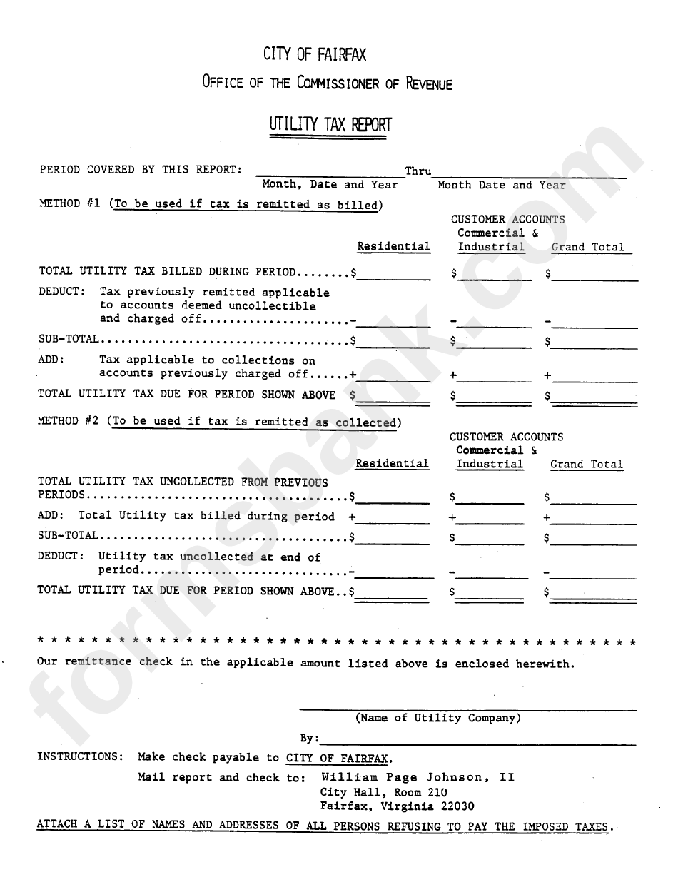 Utility Tax Report Form - City Of Fairfax printable pdf download