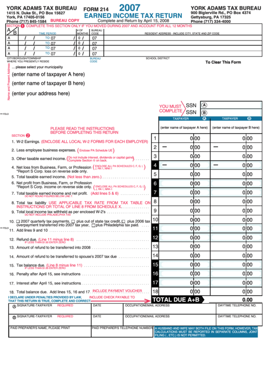 Fillable Form 214 - Earned Income Tax Return - 2007 printable pdf download