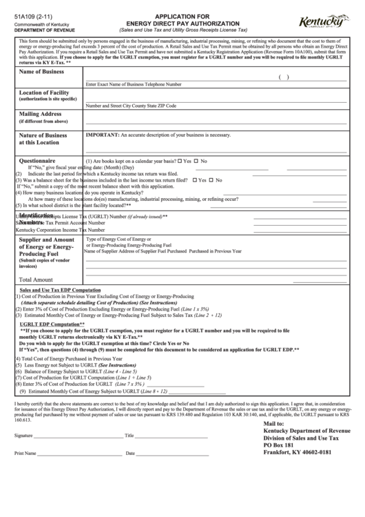 Form 51a109 - Application For Energy Direct Pay Authorization printable ... Form 51a109 - Application For Energy Direct Pay Authorization printable ...