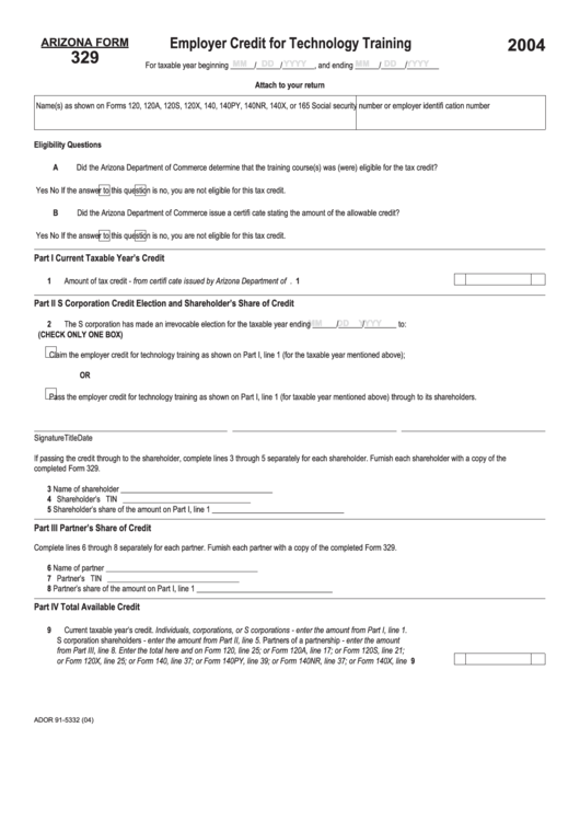 Arizona Form 329 - Employer Credit For Technology Training - 2004 ...