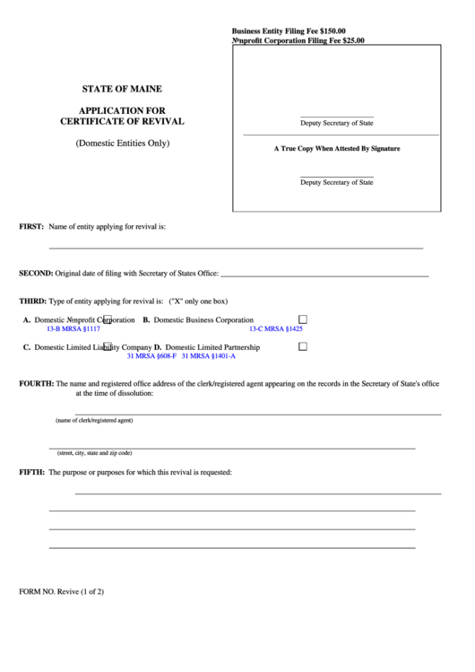 Fillable Application For Certificate Of Revival - Secretary Of State ...