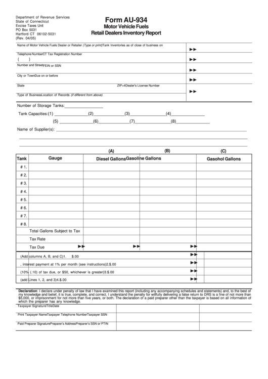 Form Au-934 - Motor Vehicle Fuels Retail Dealers Inventory Report ...