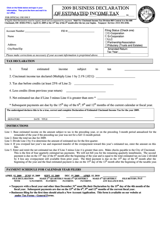 Fillable Business Declaration Of Estimated Income Tax - Cincinnati ...