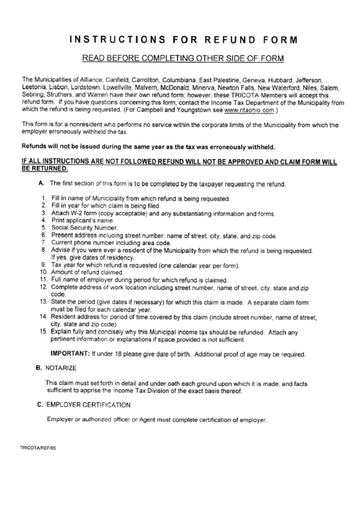 Instructions For Refund Form printable pdf download