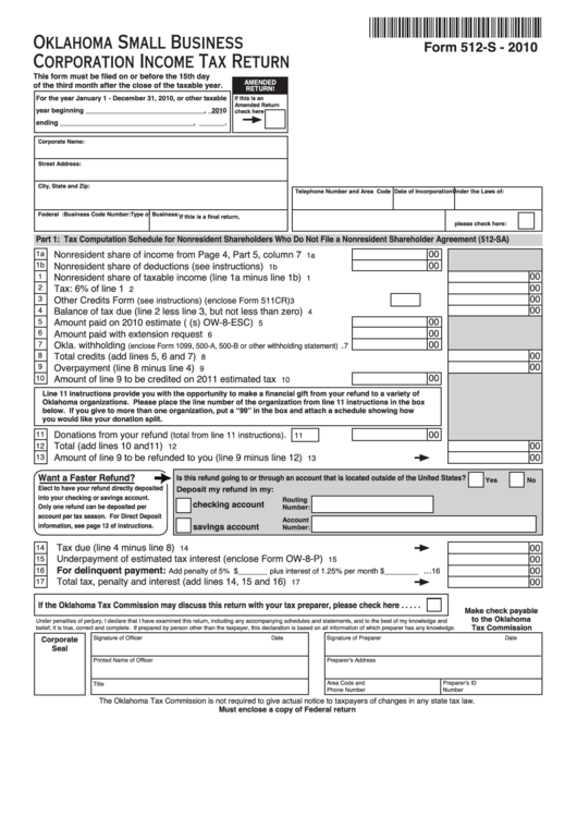 Fillable Form 512-S - Oklahoma Small Business Corporation Income Tax ...