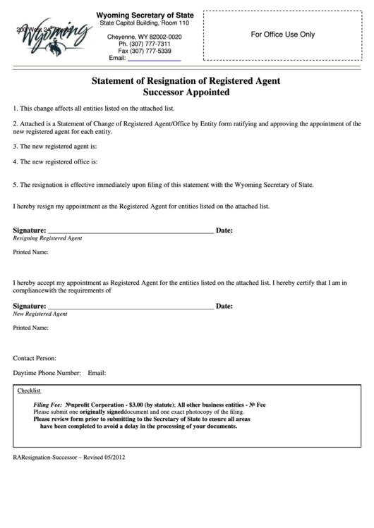 Fillable Statement Of Resignation Of Registered Agent Successor ...