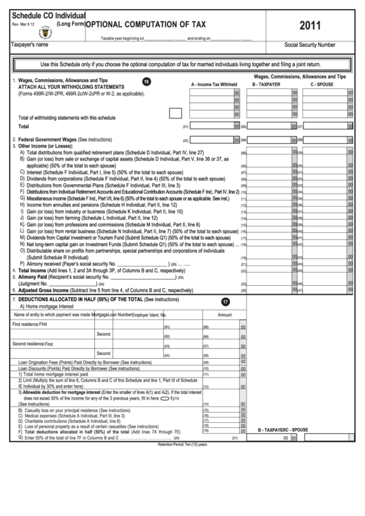 Schedule Co Individual - Optional Computation Of Tax (Long Form) - 2011 ...
