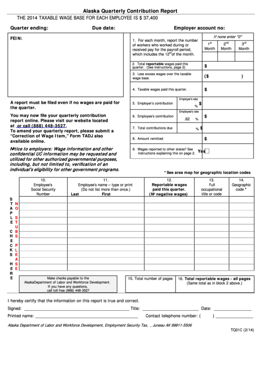 Fillable Form Tq01c - Alaska Quarterly Contribution Report - 2014 ...