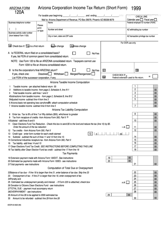 Fillable Arizona Form 120a - Corporation Income Tax Return (Short Form) - 1999 printable pdf ...