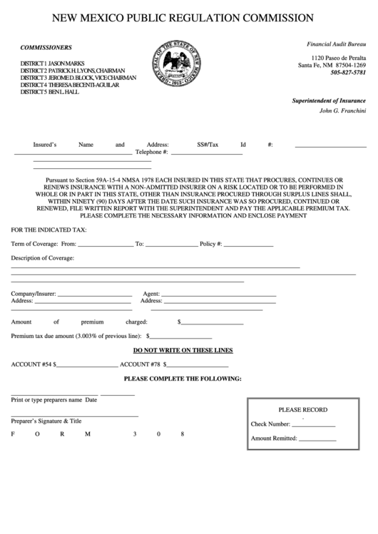 Fillable Form 308 New Mexico Public Regulation Commission Printable