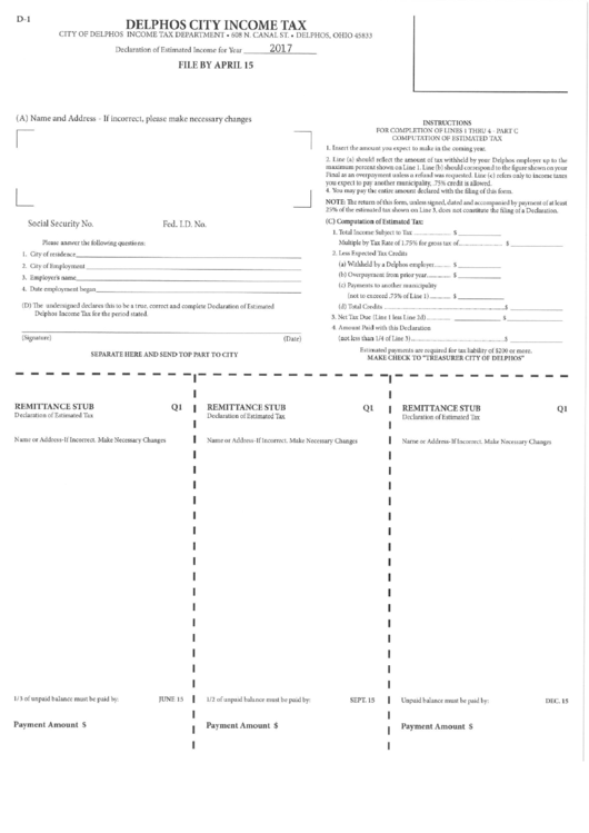Declaration Of Estimated Income Tax Form - Delphos City -2017 printable ...