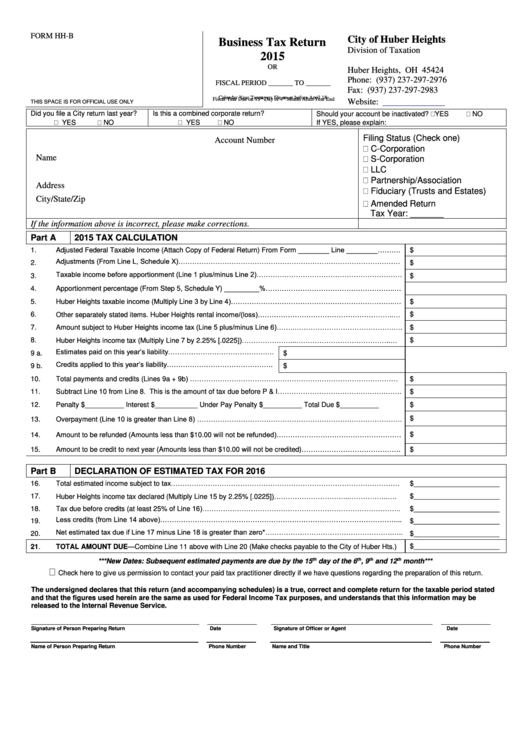 Form Hh-B - Business Tax Return - 2015 printable pdf download