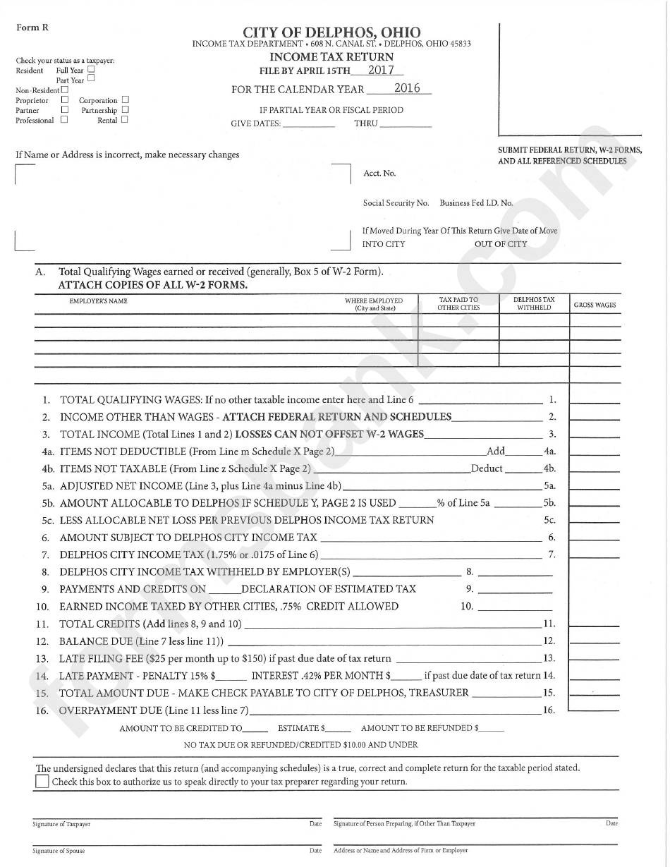 Form R - Income Tax Return - City Of Delphos, Ohio Income Tax ...