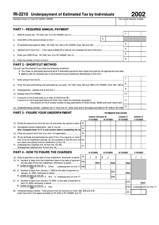 Form Ri-2210 - Underpayment Of Estimated Tax By Individuals 2002 printable pdf download