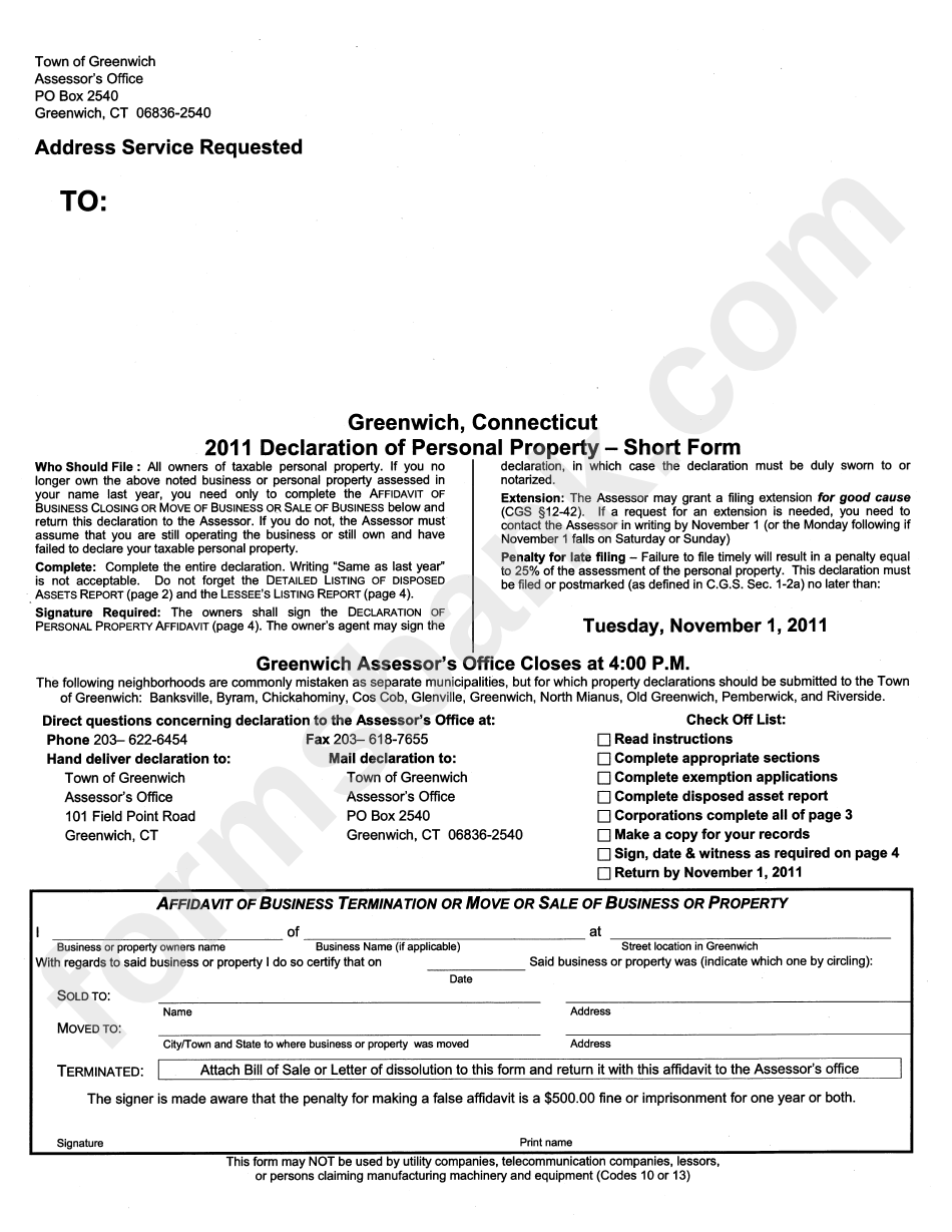 Declaration Of Personal Property-Short Form - 2011 printable pdf download