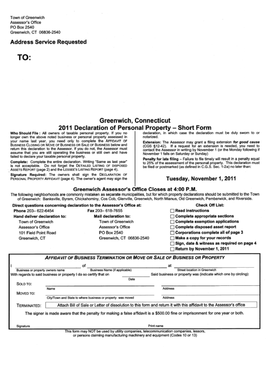 Declaration Of Personal Property-Short Form - 2011 printable pdf download