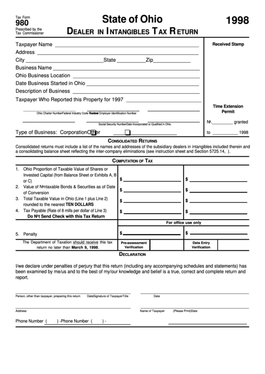 Fillable Tax Form 980 - Dealer In Intangibles Tax Return - 1998 ...