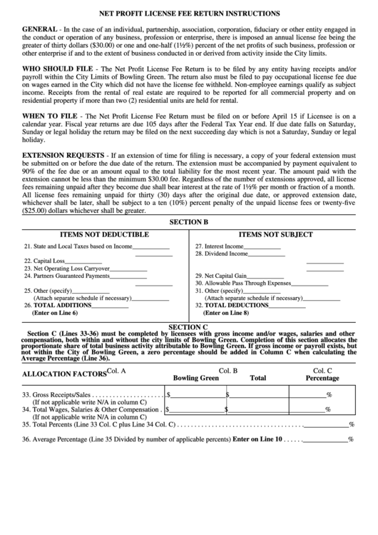Net Profit License Fee Return Form And Instructions - City Of Bowling ...