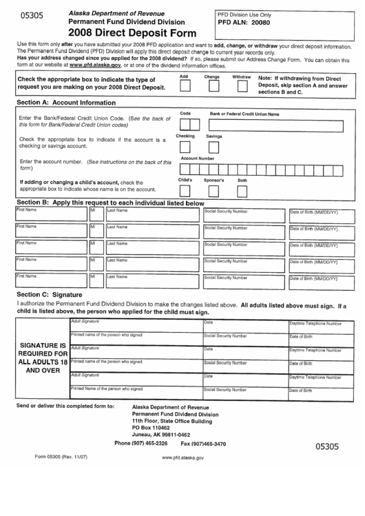 Form 05305 - Direct Deposit Form - 2008 printable pdf download