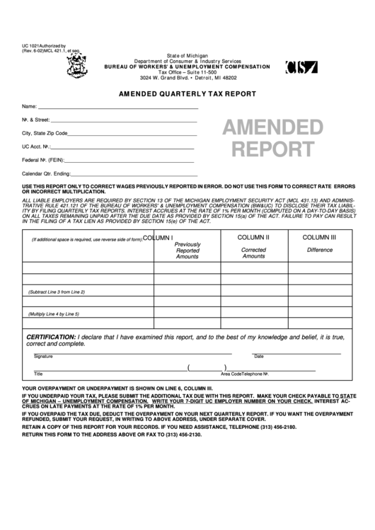 Form Uc 1021 - Amended Quarterly Tax Report - 2002 printable pdf download