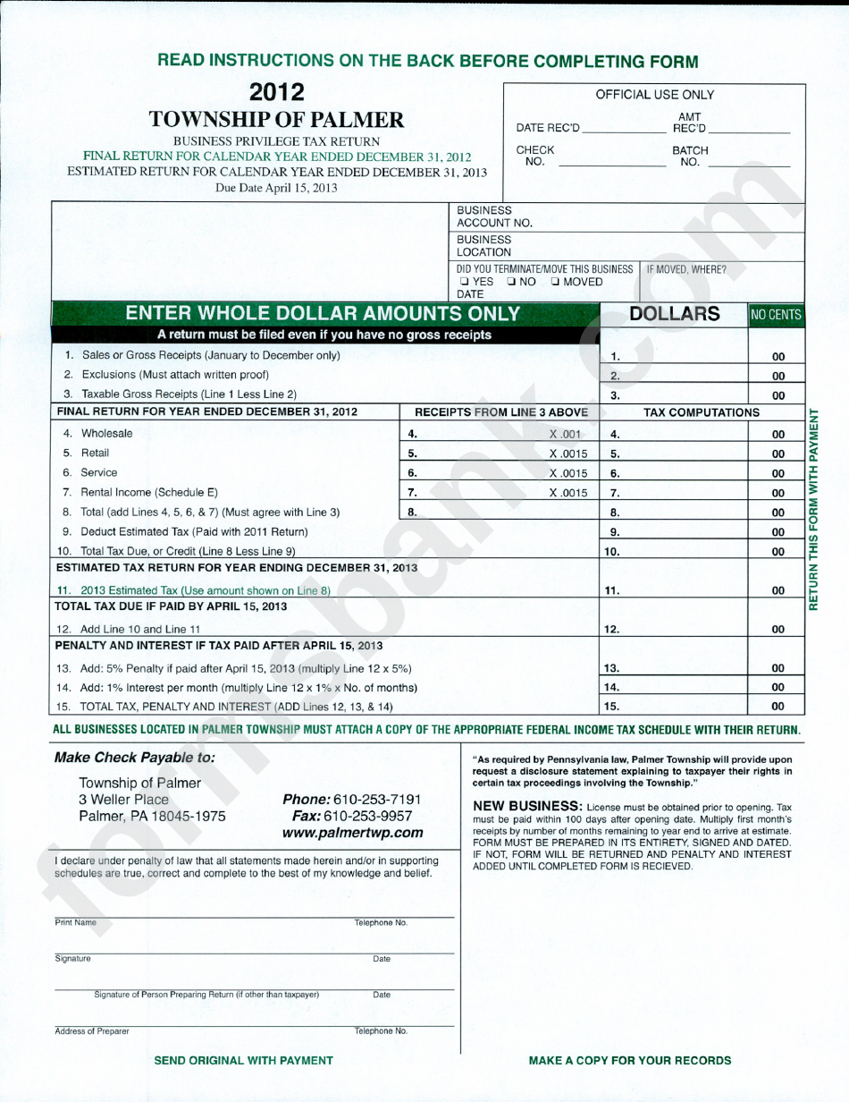 Busines Privilege Tax Return Form - 2012 printable pdf download