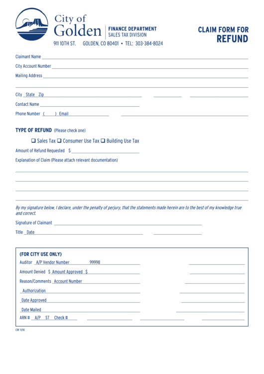 Claim Form For Refund - Finance Department - 2010 printable pdf download