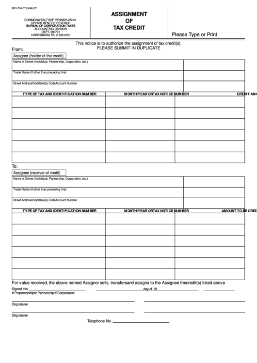 Form Rev-774 Ct - Assignment Of Tax Credit printable pdf download