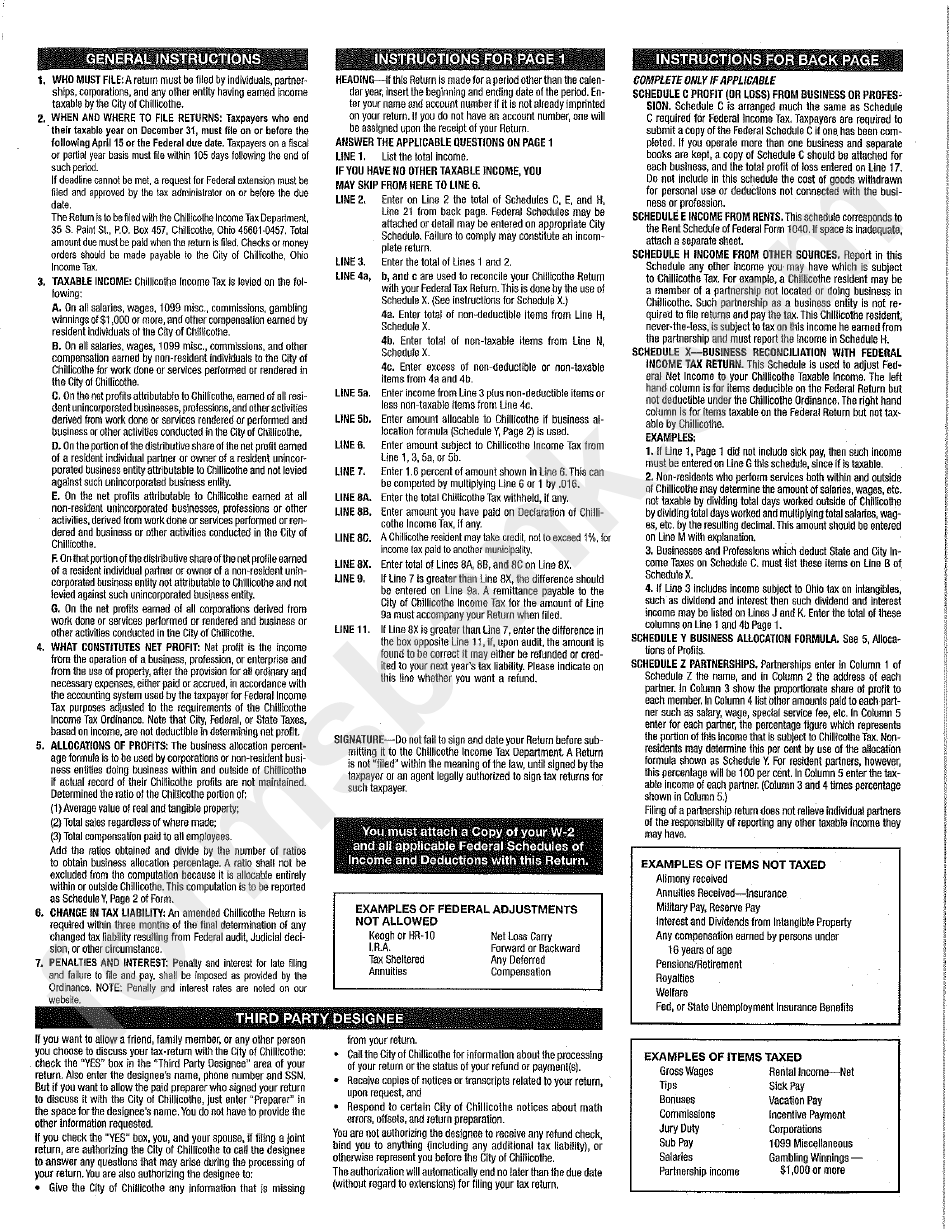 Tax Instructions - Chillicothe - Ohio printable pdf download