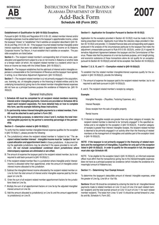 Form 20c - Schedule Ab - Add-Back Form - 2007 printable pdf download