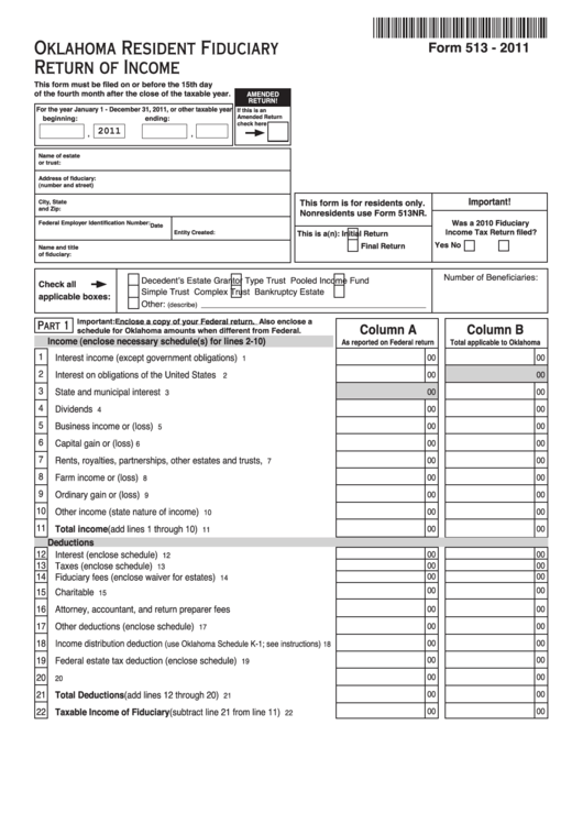 Fillable Form 513 - Oklahoma Resident Fiduciary Return Of Income - 2011 printable pdf download